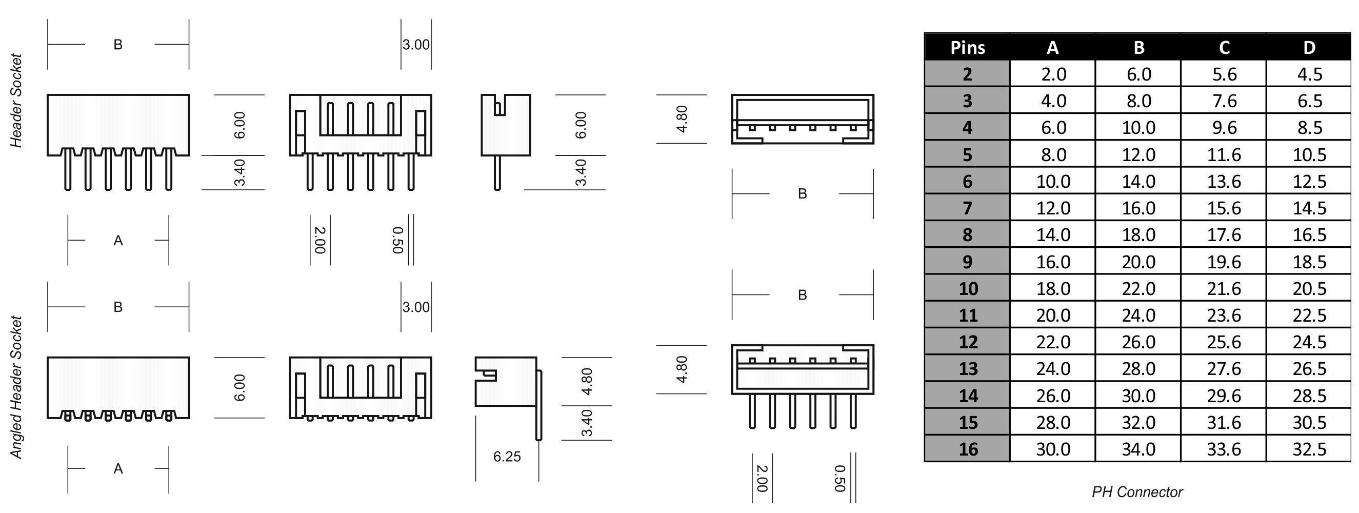 PH 2.0mm Connector PCB Header Socket (2-16 Pin) Straight / Angled (JST ...